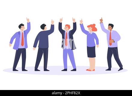 Team of workers pointing fingers upwards. Group of business partners ...