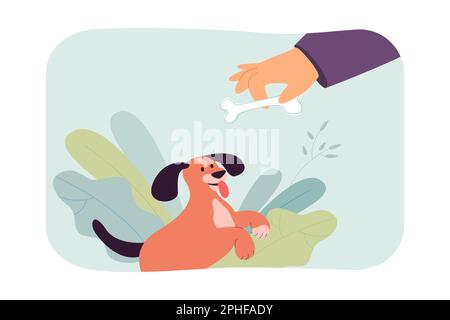 Person giving bone to dog flat vector illustration. Owner feeding happy ...