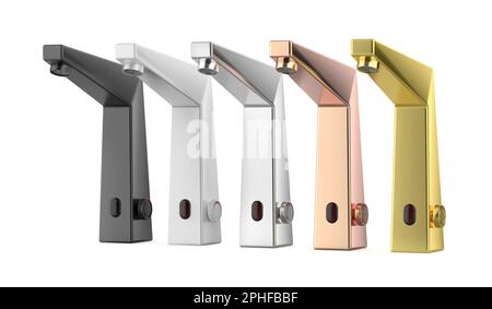 Five bathroom faucets with different colors and materials on white ...