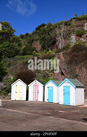 Beach huts beneath Roundham Head, on the seafront at Goodrington Sands ...