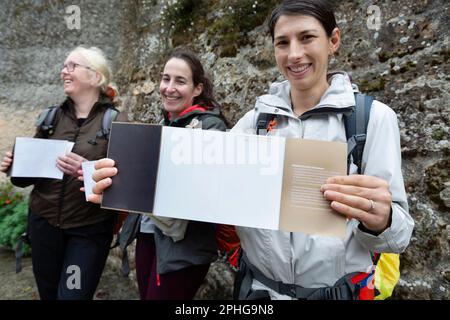 Three pilgrims show their pilgrim credentials. Camino de Santiago ...