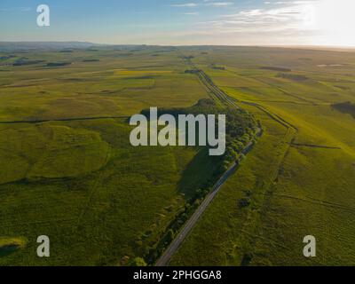 Black Carts Turret aerial view on Hadrian's Wall ruin near village of ...