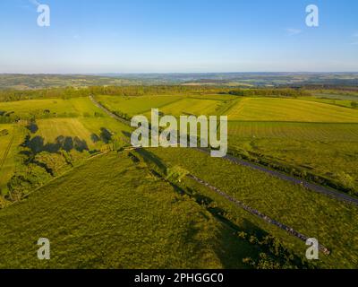Black Carts Turret aerial view on Hadrian's Wall ruin near village of ...