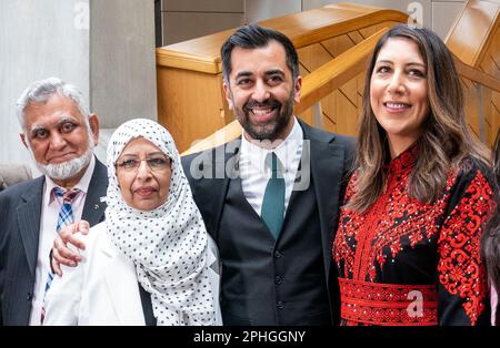 Humza Yousaf, with his wife Nadia El-Nakla, daughter Amal, three, and ...