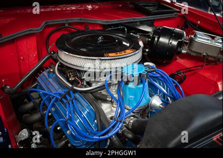 A large V8 car engine with shiny air intake trumpets Stock Photo - Alamy
