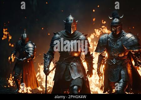 Medieval knights attack illustration. Battle with Johanniter knights. Medieval battlefield and ...