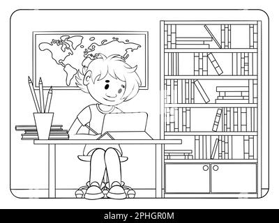 Home education coloring page. Boy study at home. Antistress for adults ...