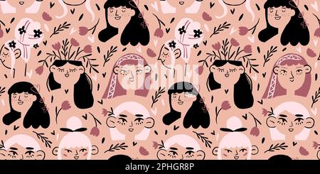 Continuous line face women seamless pattern - Modern abstract faces ...