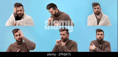 Collage with photos of man with cold symptoms on turquoise background ...