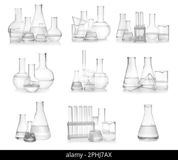 Different laboratory glassware on white background, banner design Stock ...