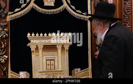 Haredi Jews pray next to a Torah Ark curtain decorated with a figure ...