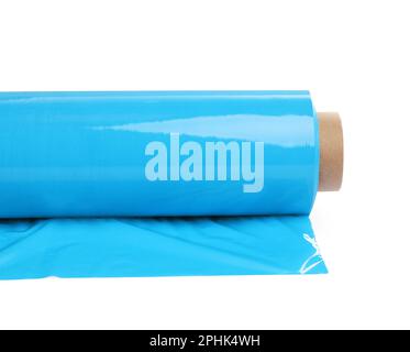 Roll of light blue stretch wrap isolated on white Stock Photo - Alamy