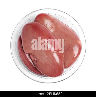 Bowl with fresh raw pork kidneys on white wooden table, top view. Space ...