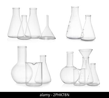 Set of different empty laboratory glassware on white background, banner ...