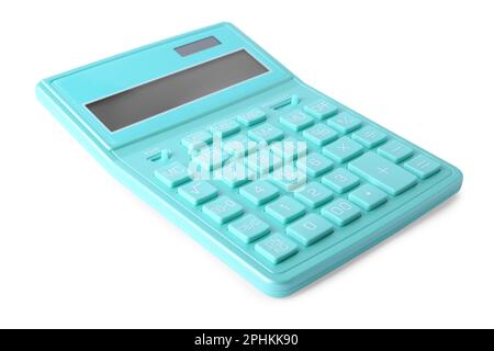 Turquoise calculator on white background, top view. School stationery ...