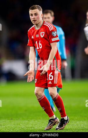 Cardiff, UK. 28/03/2023. Joe Morrell of Wales in action. Wales v Latvia ...
