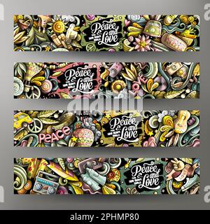 Hippie doodle banners set. Cartoon detailed flyers. Hippy identity with ...
