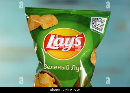 Tyumen, Russia-January 06, 2023: Lays potato chips bar, onion flavored ...