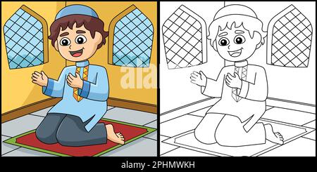 Ramadan Muslim Boy Praying Coloring Page for Kids Stock Vector Image ...