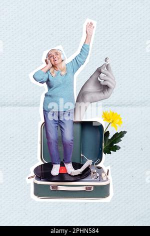 Vertical poster collage of woman in flowers isolated on painting grey ...