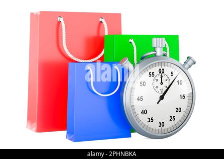 Shopping bags with stopwatch, 3D rendering isolated on white background ...