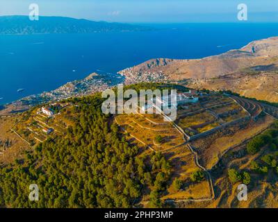 Panorama view of Hydra town and Prophet Elias Monastery in Greece Stock ...