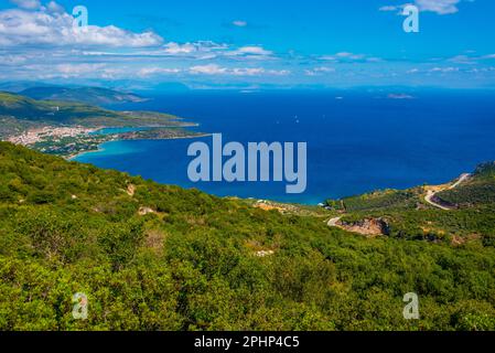Panorama view of Palaia Epidavros and surrounding coastline in Greece ...