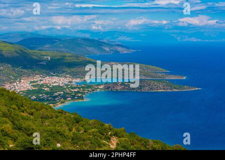 Panorama view of Palaia Epidavros and surrounding coastline in Greece ...