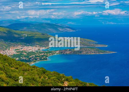 Panorama view of Palaia Epidavros and surrounding coastline in Greece ...