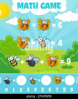 Math game of cartoon funny bee, fly and ladybug insects. Counting ...