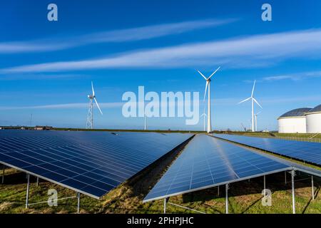 large solar park and wind turbines at the port of Vlissingen, Walcheren ...