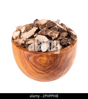 Calamus root in wooden bowl, isolated on white background. Sweet flag ...