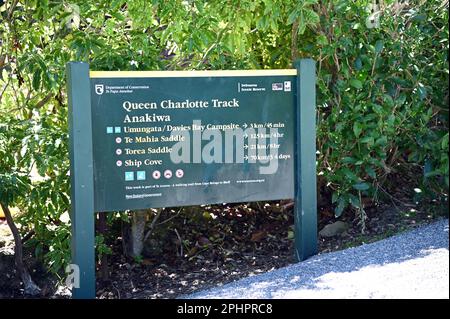 Department of Conservation (DOC) sign at Anakiwa in the Queen Charlotte ...