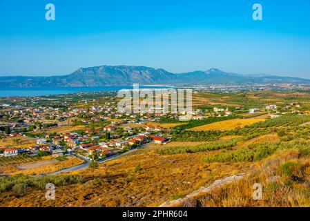 Panorama view of Corinth town and Gulf of Corinth in Greece Stock Photo ...