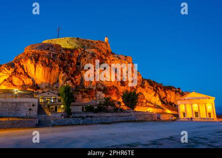 Sunset view of courtyard of the Palaio Frourio at Greek island Corfu ...