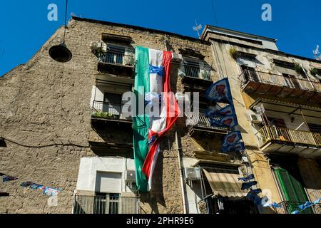 Banners and ribbons with the colors of the SSC Napoli soccer team and ...