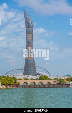 The torch tower in Doha viewed from the Aspire park, Qatar Stock Photo ...