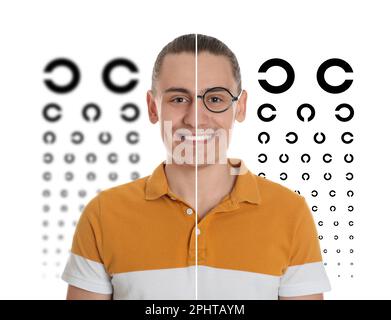 Collage with photos of man with and without glasses and eye charts on ...