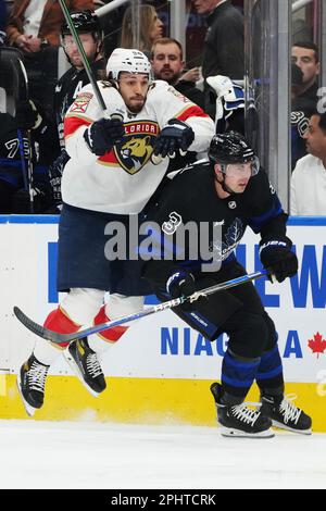 Florida Panthers forward Ryan Lomberg is stopped by Toronto Maple Leafs ...