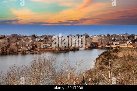 Skyline view of sunrise over Scargo lake and the ocean from the Scargo ...