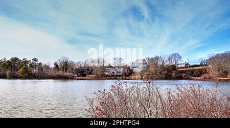 Skyline view of sunrise over Scargo lake and the ocean from the Scargo ...