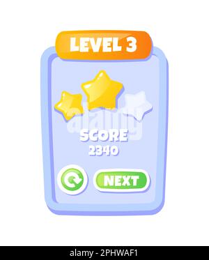 Game UI. Level complete menu with golden stars and buttons. Health bar, arrows and play button ...