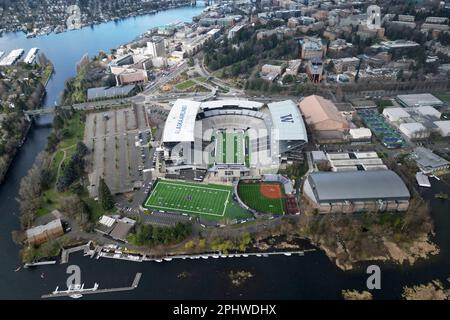 A general overall aerial view of Husky Stadium, Husky Softball Stadium ...