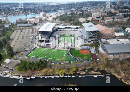 A general overall aerial view of Husky Stadium on the campus of the ...