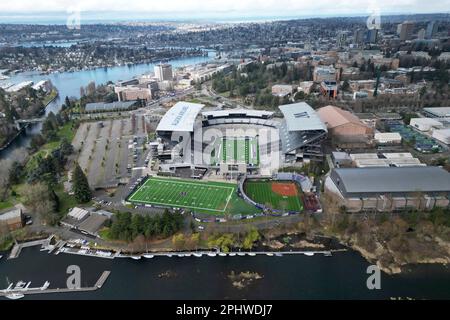 A general overall aerial view of Husky Stadium, Husky Softball Stadium ...