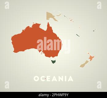 Oceania map. Continent poster with regions. Shape of Oceania with ...