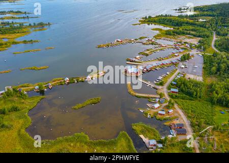 Aerial view of red timber boat houses at Svedjehamn in Finland Stock ...