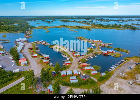Aerial view of red timber boat houses at Svedjehamn in Finland Stock ...