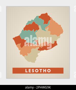 Lesotho map. Country poster with regions. Old grunge texture. Shape of ...