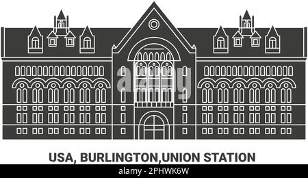Usa, Burlington,Union Station, travel landmark vector illustration ...